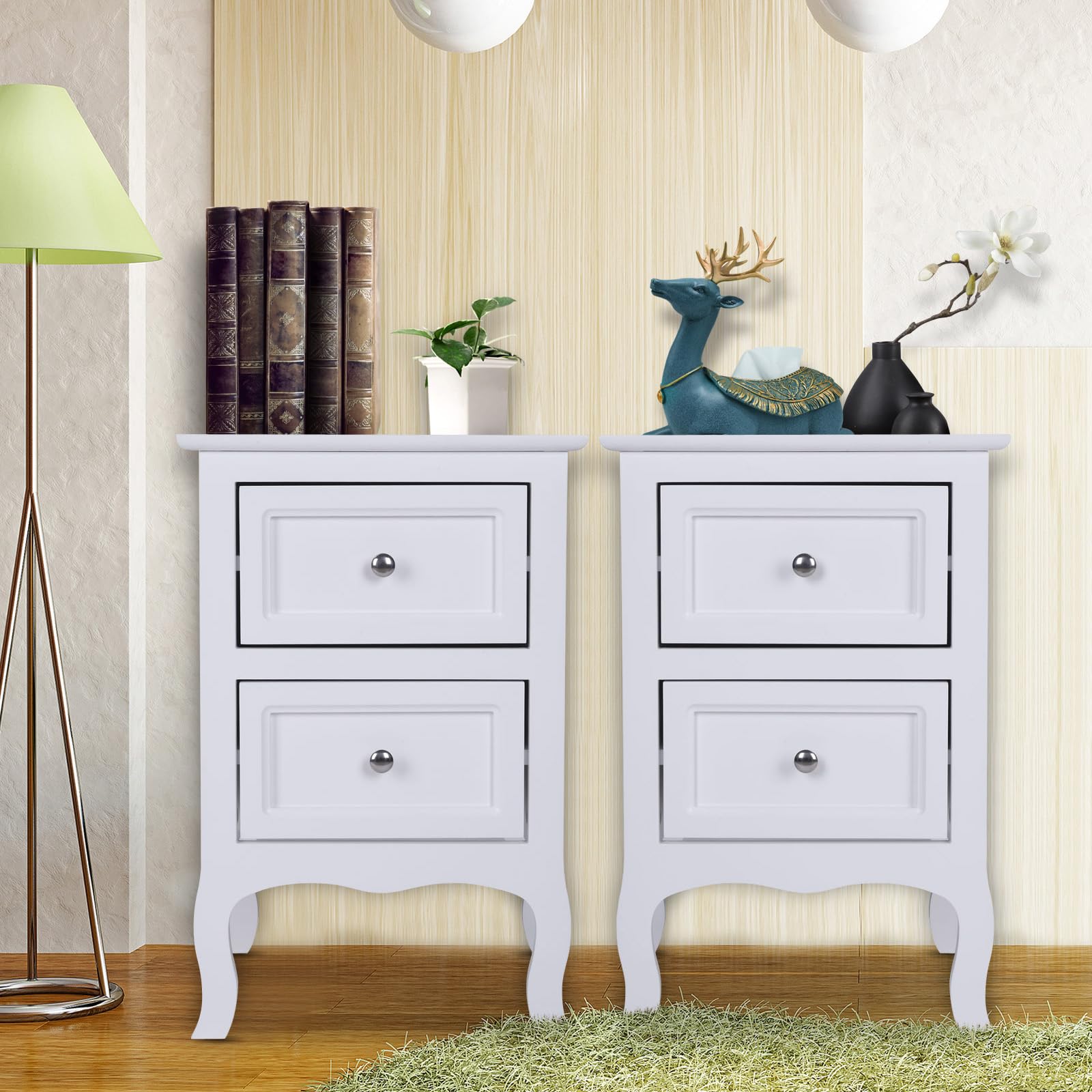 2Pcs Country Style End Side Table,2-Tier Wooden Night Tables with 2 Drawers Storage Cabinet Large Size Tables Night Stand Set 2 Living Room with Drawer Bedside Tabes for Bedroom