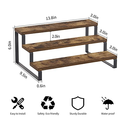 Giikin 3-Tier Spice Rack, 13.7 Inch Wood Step Shelf Countertop Spice Storage Holder, Kitchen Pantry Cabinet Organizer Cupboard for Spice Bottles, Jars, Seasonings, Baking Supplies, Metal Frame