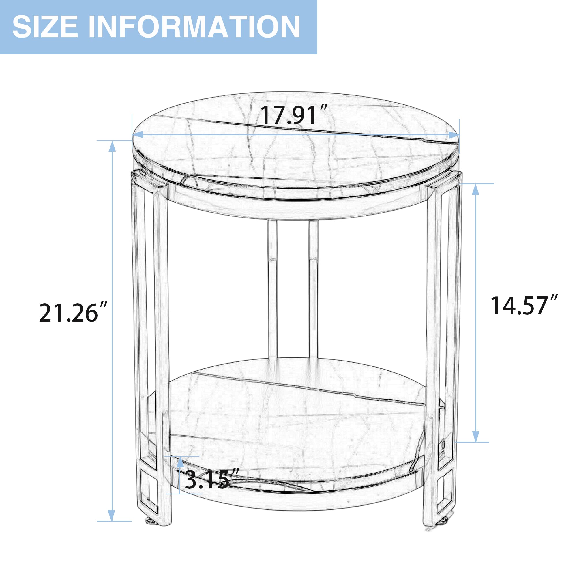 Alunaune Industrial End Table, 2-Tier Marble Look Round Side Table, Small Modern Storage Shelf Black Metal Coffee Table Nightstand for Living Room Bedroom-Brown with Black Leg