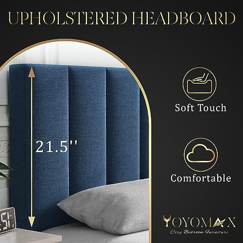 yoyomax Full Size Upholstered Bed Frame Platform with Linen Fabric Headboard and Strong Wooden Slats Support, Non-Slip & Noise-Free, Easy Assembly, No Box Spring Needed, Blue