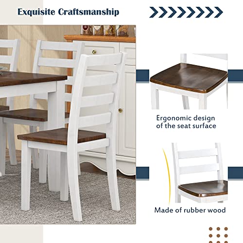 FIQHOME 6-Piece Room, Kitchen Set with Wood Dining Table,Bench and 4 Ergonomic Designed Chairs,Walnut + Cottage White
