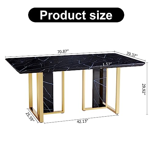 Goderfuu Black Marble Dining Table for 8 People - 71 inch Modern Kitchen Dining Room Table with Gold Base, Faux Marble Dining Table Pedestal Table Dinner Table, Large Marble Table for Dining Room