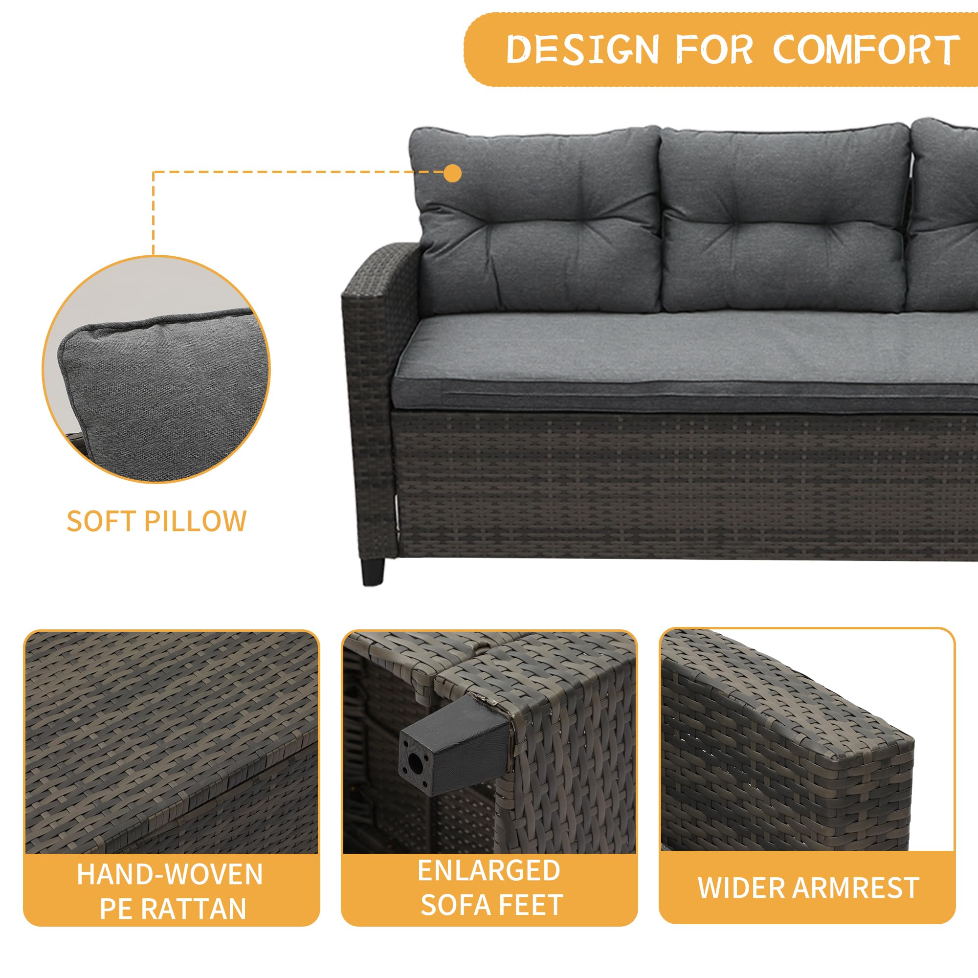 Clihome 6pcs Patio Sofa Set Outdoor PE Rattan Sectional Set with Cushions Lounge Chaise and Coffee Table Wicker Patio Furniture for Patio Backyard Garden Poolside