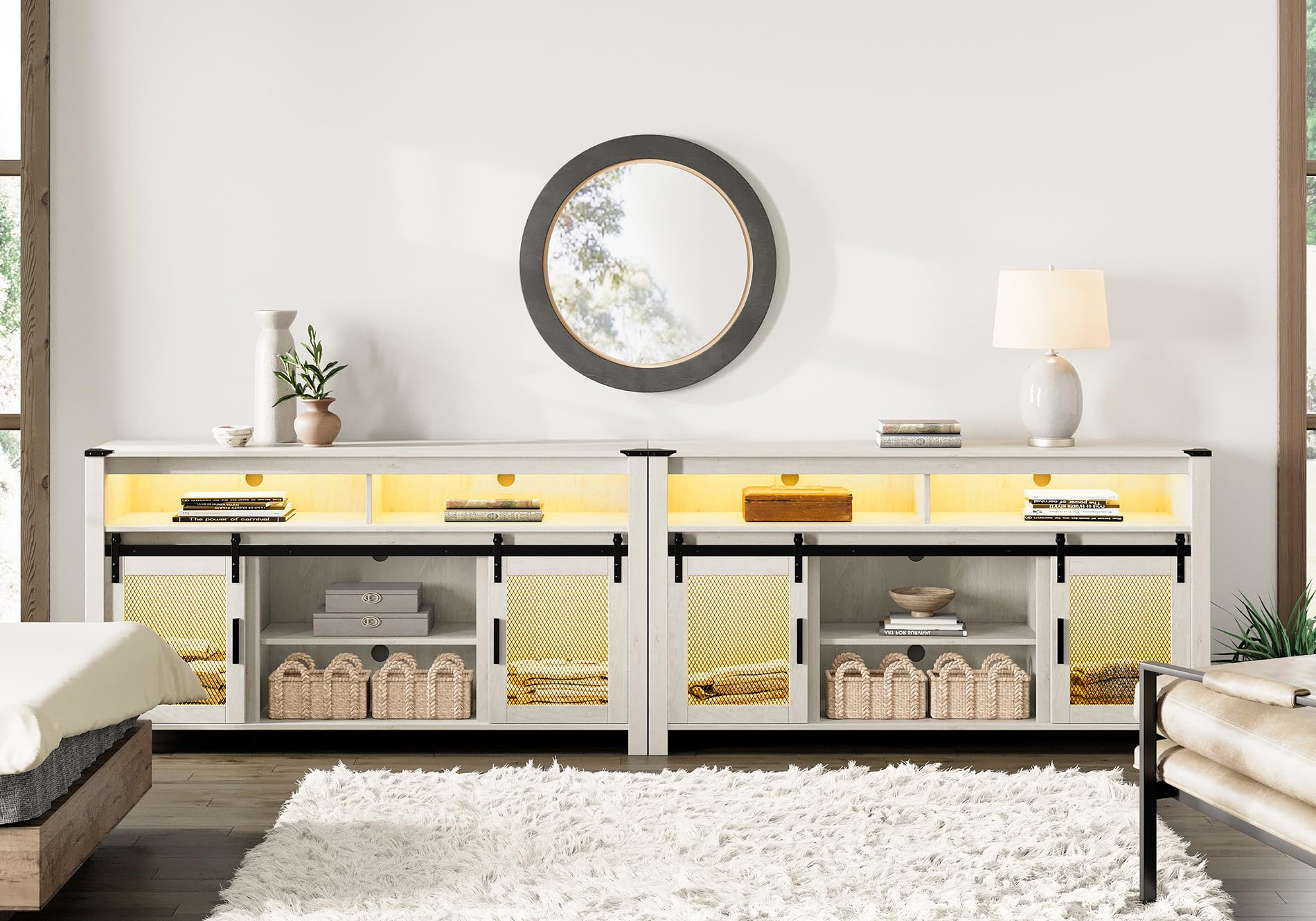 WAMPAT 2-in-1 TV Stand for 100+ Inch TV, Farmhouse & Industrial Media Entertainment Center w/Sliding Mesh Doors, Rustic TV Console w/Storage Shelves&Yellow LED Lights for Living Room, Antique White