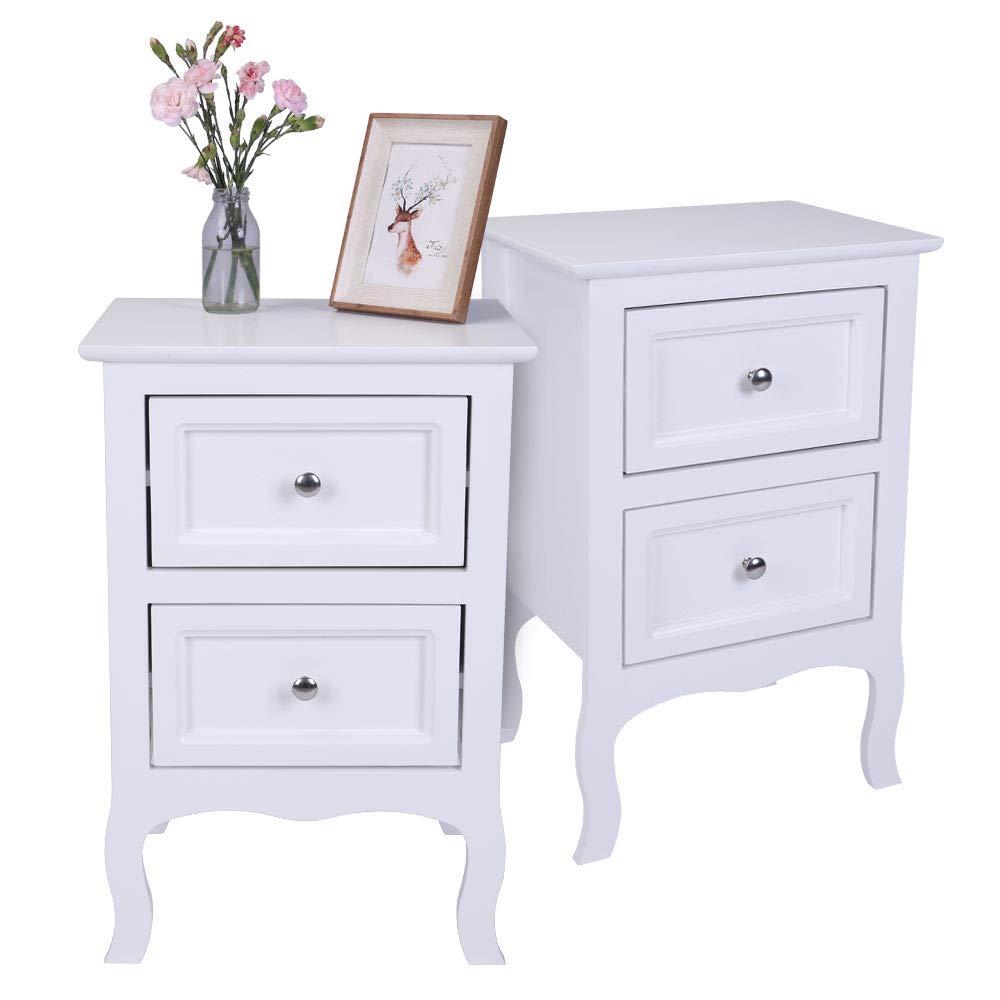2Pcs Country Style End Side Table,2-Tier Wooden Night Tables with 2 Drawers Storage Cabinet Large Size Tables Night Stand Set 2 Living Room with Drawer Bedside Tabes for Bedroom