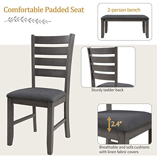 KoiHome 6-Pieces Rustic, Solid Wood Set with Rectangular Table & 4 Chairs and Bench with Cushion for Dining Room, Distressed Finish, Industrial Style, Set of 6 (Gray), Gray2