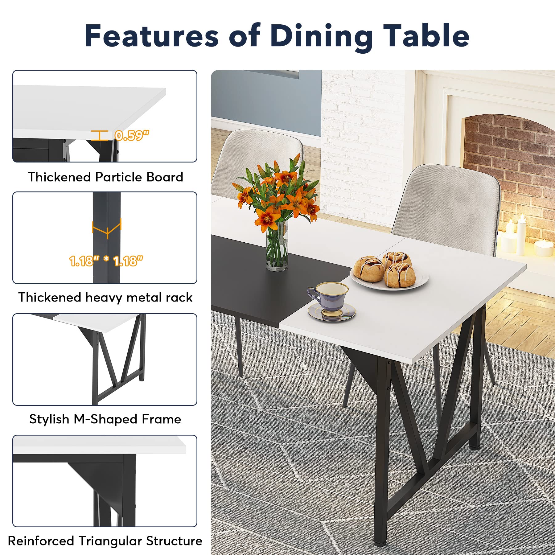 Tribesigns 71'' Large Dining Table for 6-8 Peoples, Modern Wood Kitchen Tables with Splicing Board, Rectangle Dinner Dining Room Table with Heavy-Duty M-Shapped Metal Frame