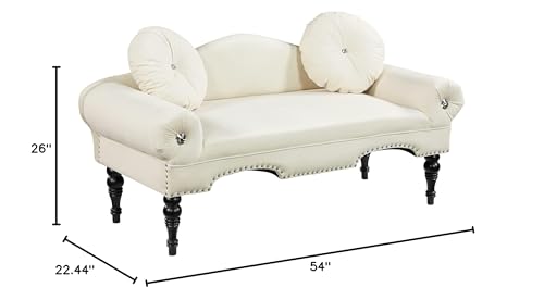 FIQHOME 54” Velvet Loveseat Sofa,Upholstered 2 Seater Couch Settee with 2 Round Pillows, Modern Love Seat with Nailhead Trim Roll Arm,Accent Bedside Entryway Window Bench for Living Room(White)