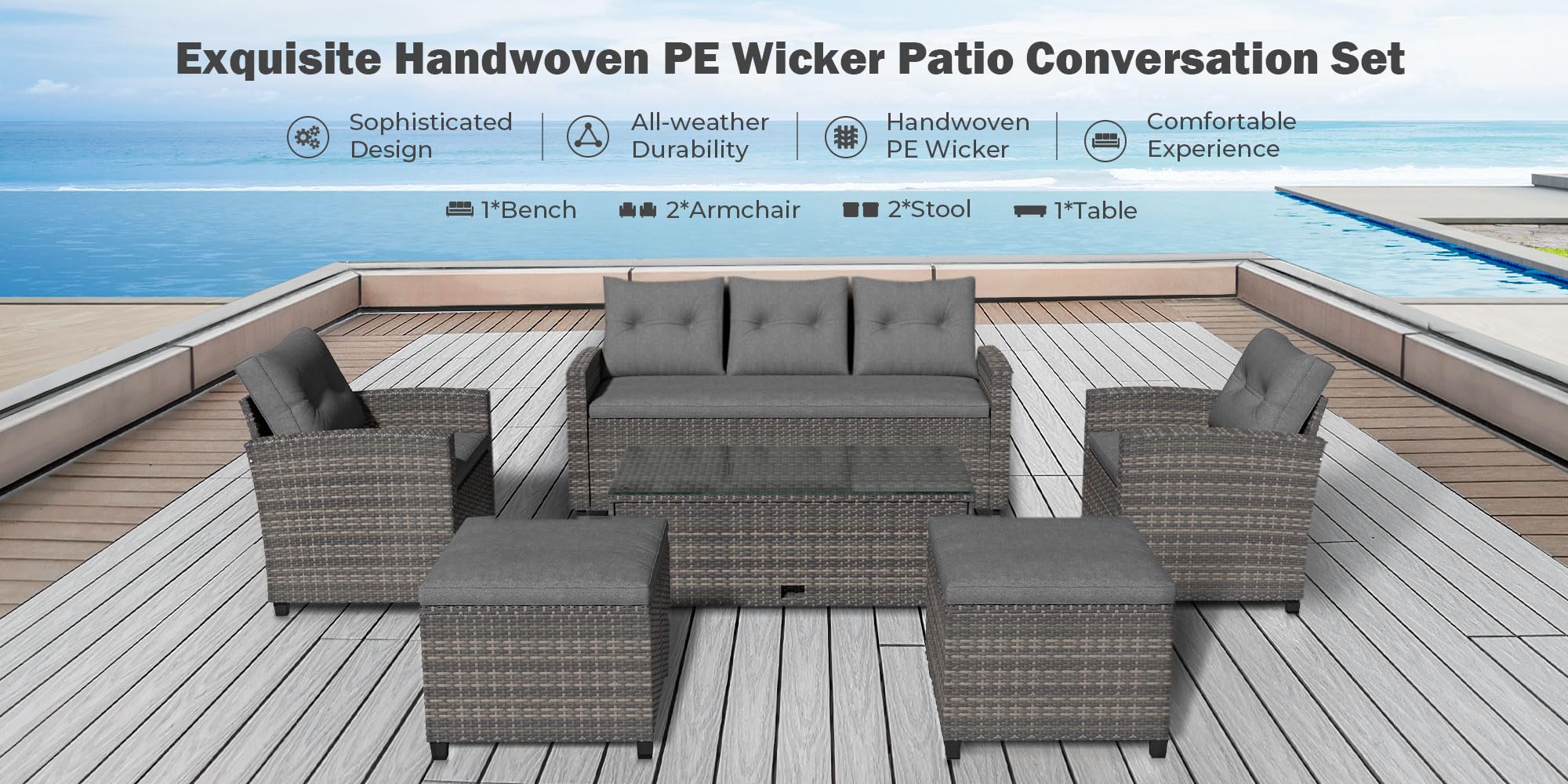 Clihome 6pcs Patio Sofa Set Outdoor PE Rattan Sectional Set with Cushions Lounge Chaise and Coffee Table Wicker Patio Furniture for Patio Backyard Garden Poolside