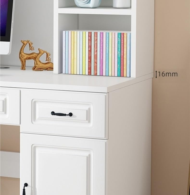 KIRANDY Girls' Bedroom Study Desk and Bookshelf Combo, Computer Desk with Drawers (Color : White 90x50x182.5cm Solid Wood)