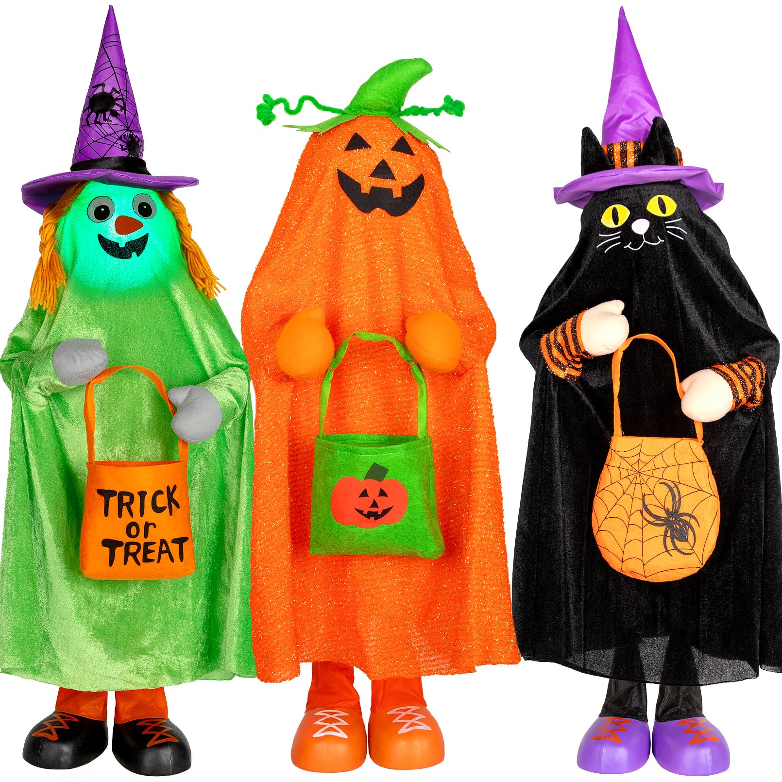 3Pack Halloween Decoration Decor Porch Lighted Color Changing Trick or Treater Jack O Lantern with Candy Pocket, Yard Lawn Home Decorations (Cat,Wiches,Pumpkin Head)