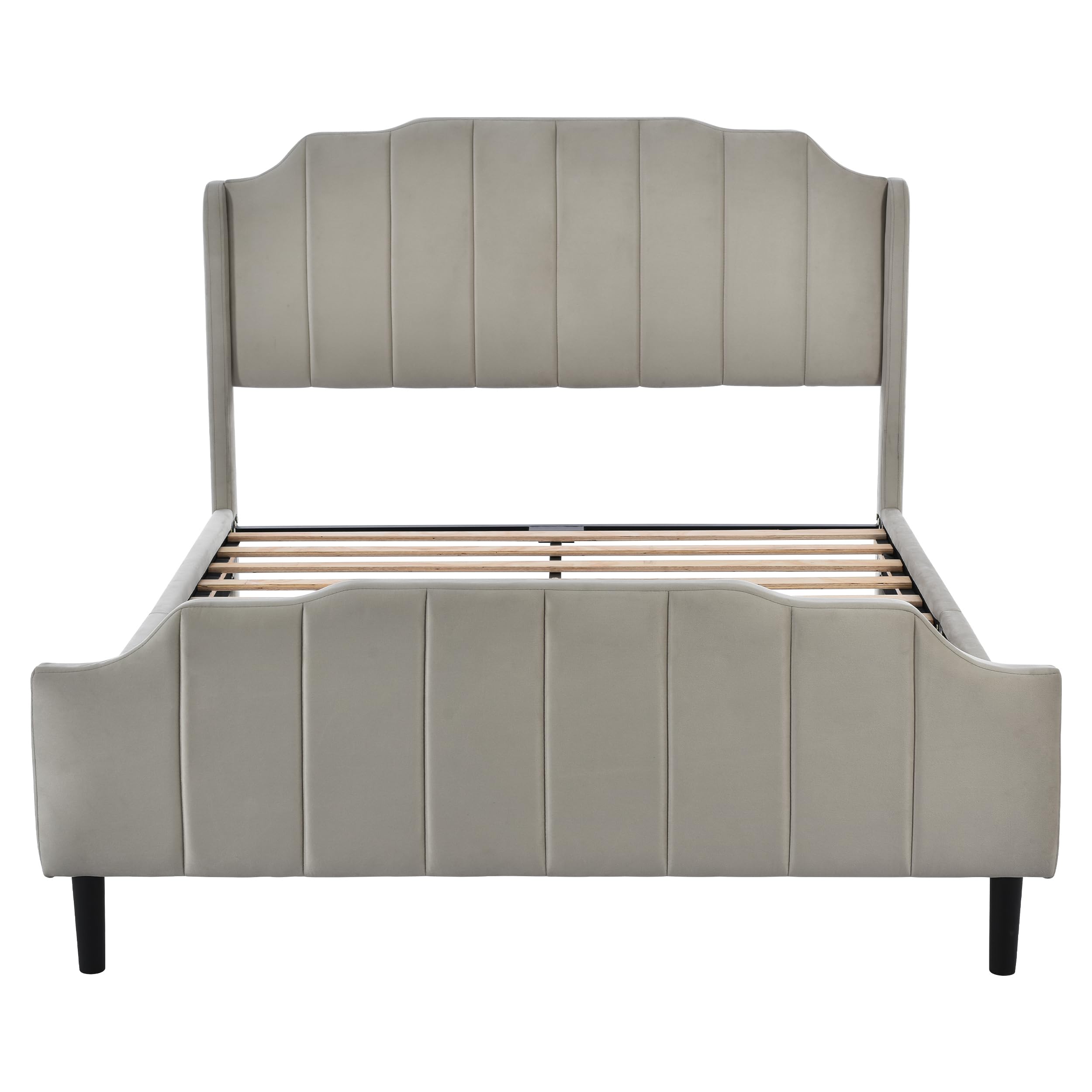 RUNWON Queen Size Upholstered Platform Bed,Bed Frame with Headboard and Footboard for Living Room/Bedroom, Velvet Fabric,Gray