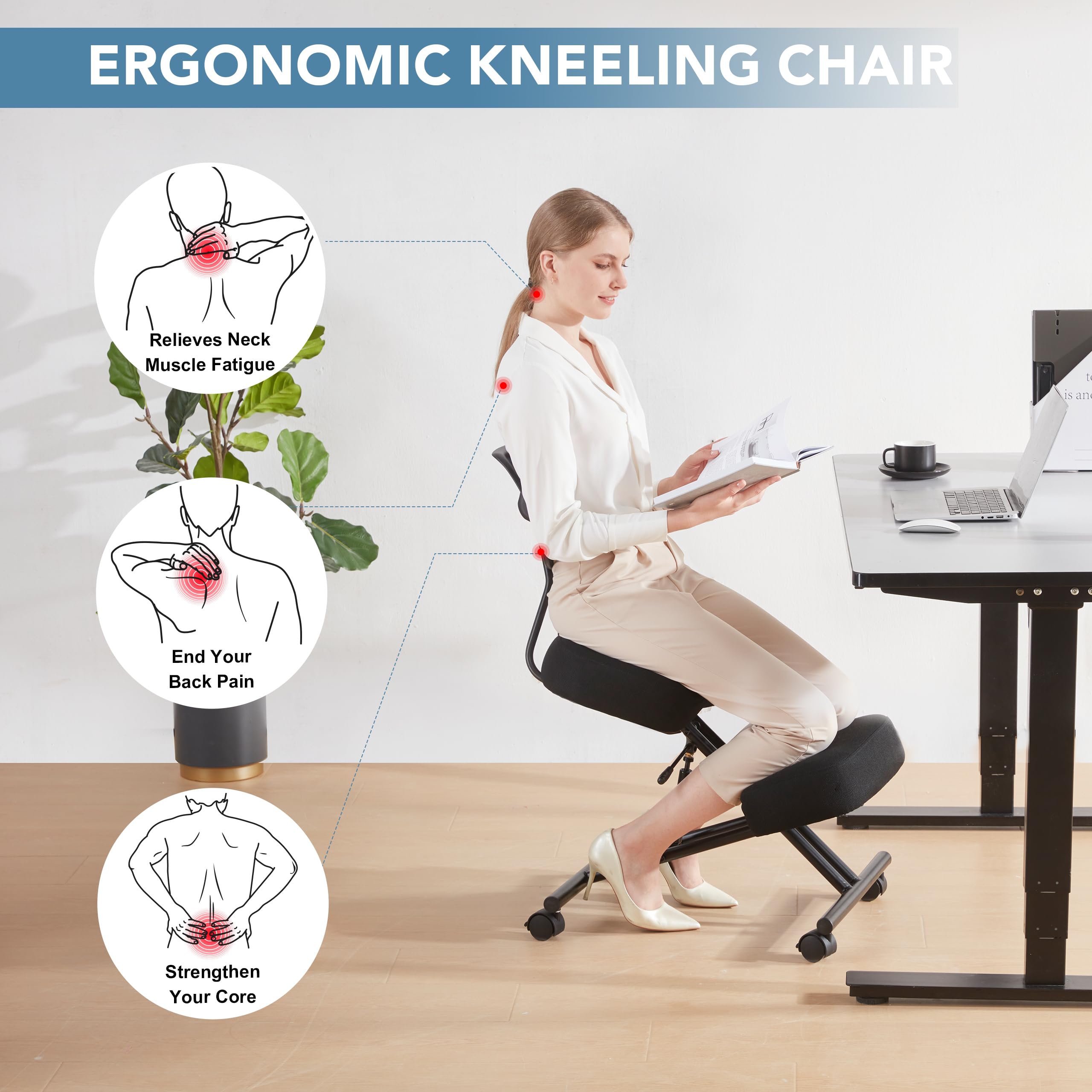 SOMEET Kneeling Chair Ergonomic with Back Support, Ergonomic Kneeling Chair with Brake and Smooth Gliding Casters, Adjustable Stool for Home and Office, Posture Chair to Relieve Back Pain, Black Linen