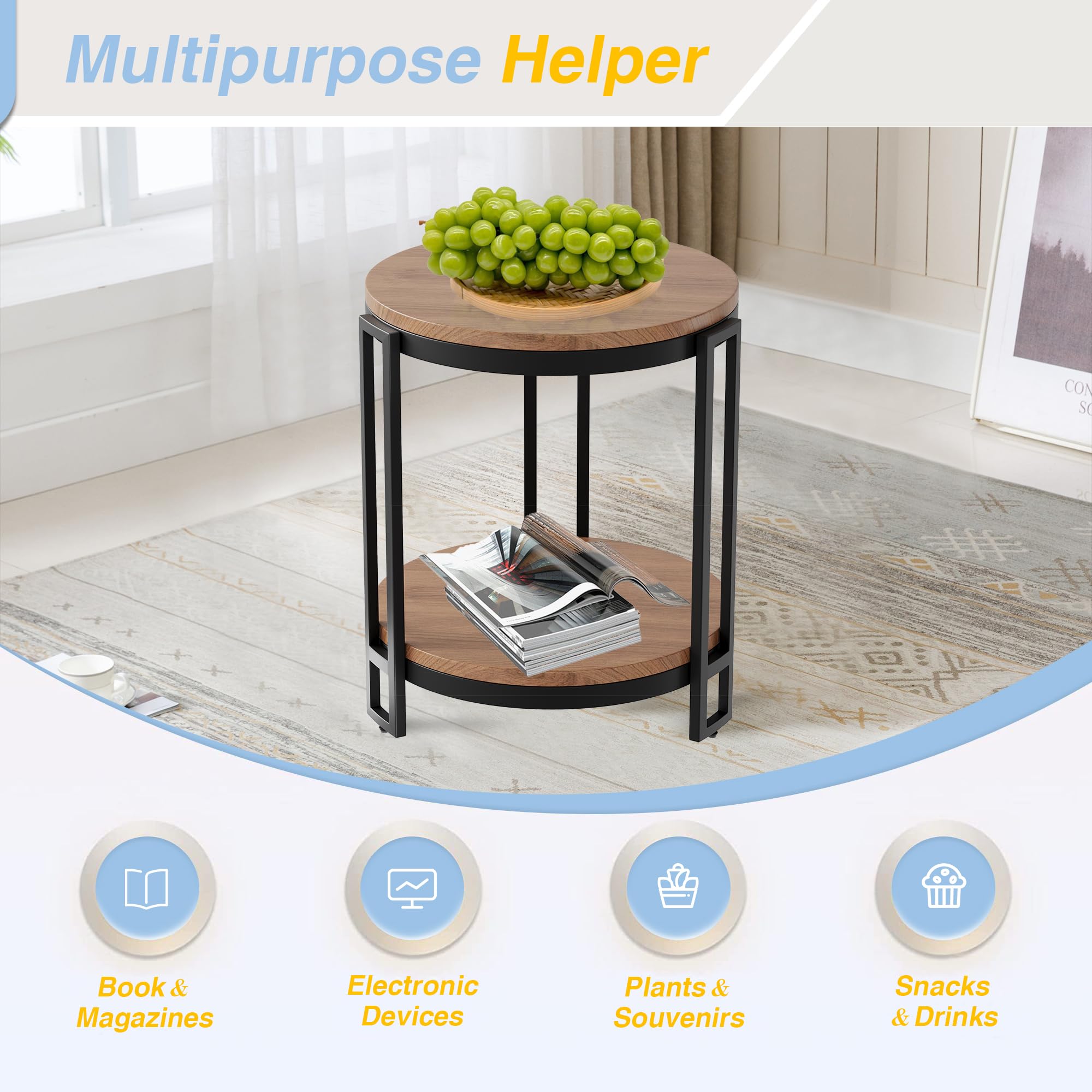 Alunaune Industrial End Table, 2-Tier Marble Look Round Side Table, Small Modern Storage Shelf Black Metal Coffee Table Nightstand for Living Room Bedroom-Brown with Black Leg