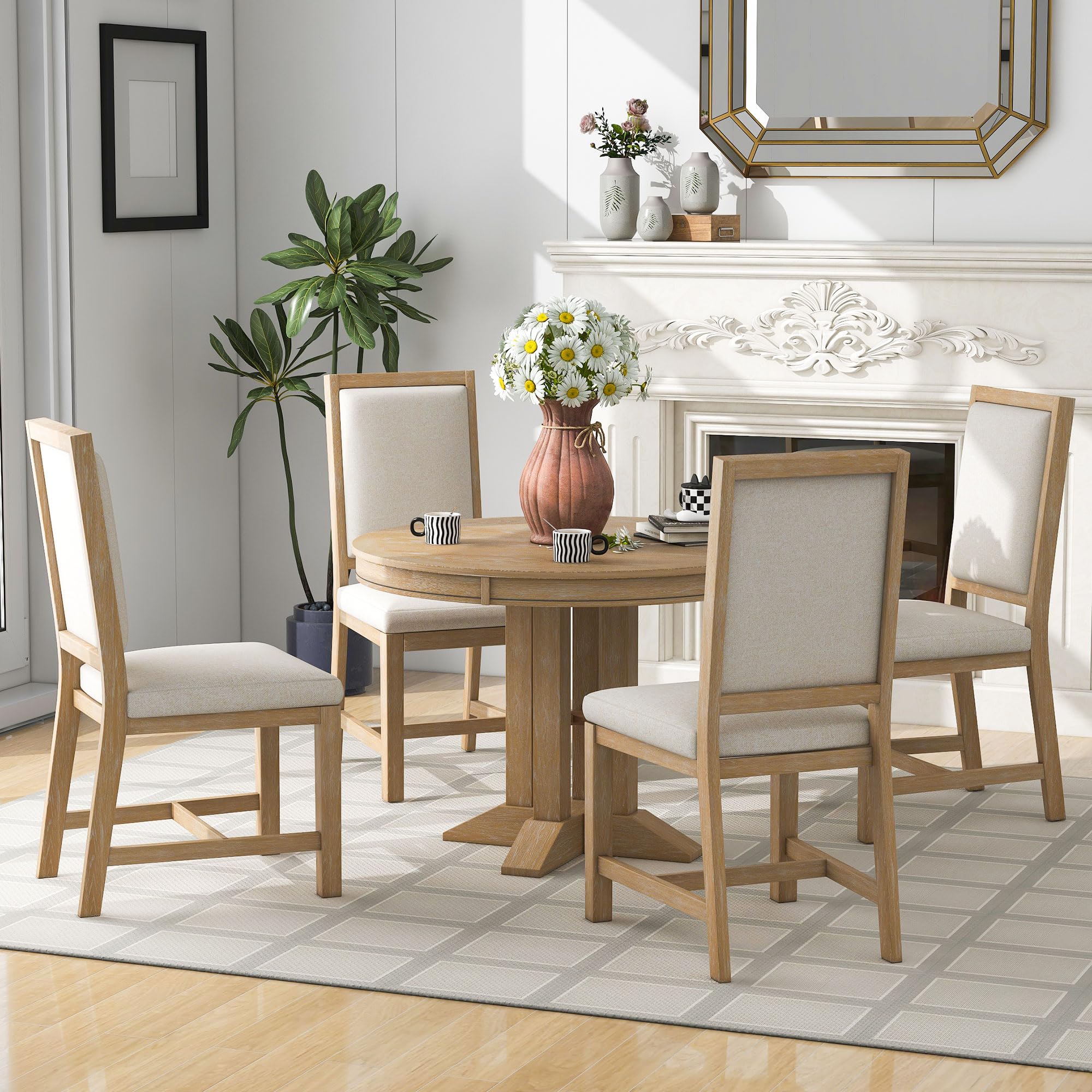 Knocbel 5-Piece Dining Sets 42-58" Extendable Round Table with 4 Upholstered Chairs, Farmhouse Rubber Solid Wood Frame Dining Set for 4 to 6 People Kitchen Dining Room, Natural Wood Wash