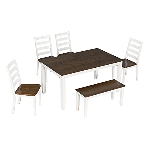 FIQHOME 6-Piece Room, Kitchen Set with Wood Dining Table,Bench and 4 Ergonomic Designed Chairs,Walnut + Cottage White