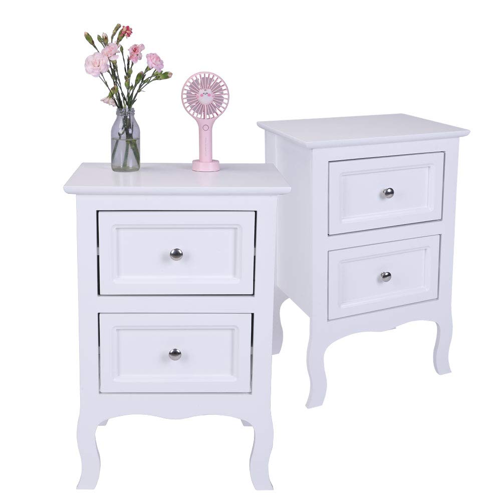 2Pcs Country Style End Side Table,2-Tier Wooden Night Tables with 2 Drawers Storage Cabinet Large Size Tables Night Stand Set 2 Living Room with Drawer Bedside Tabes for Bedroom