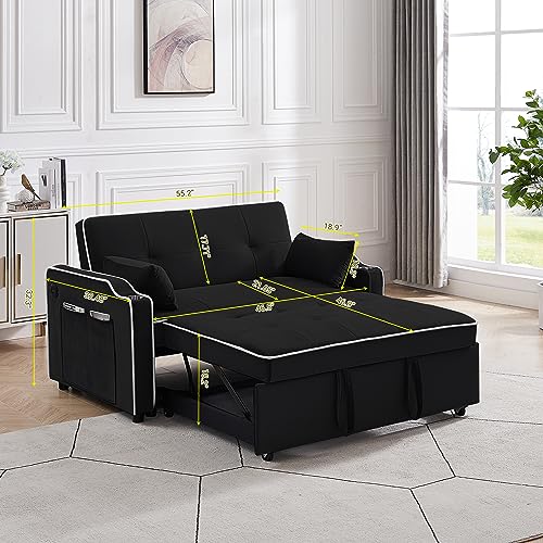 ERYE Modern Convertible Futon Sleeper Sofa with Pull Out Couch Bed, Functional Tufted Loveseat & Daybed for Home Office Apartment Studio Small Space Living RoomBlack W/USB Ports and Cupholders
