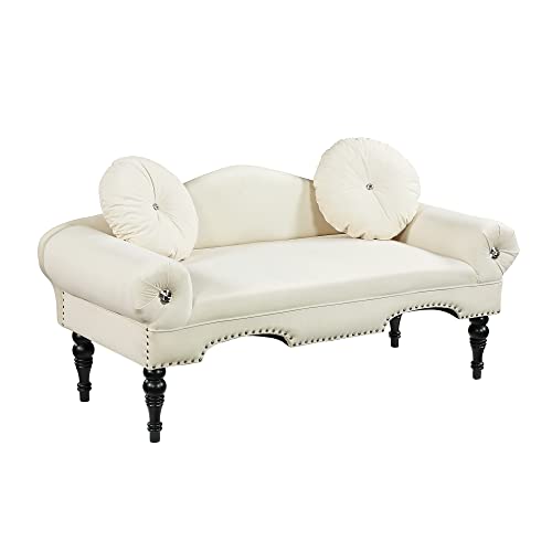 FIQHOME 54” Velvet Loveseat Sofa,Upholstered 2 Seater Couch Settee with 2 Round Pillows, Modern Love Seat with Nailhead Trim Roll Arm,Accent Bedside Entryway Window Bench for Living Room(White)