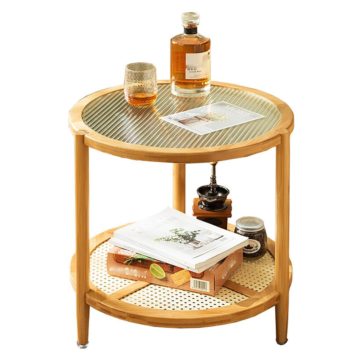 CUPKEE Bamboo Round Side Table, Glass End Tables, Double Layer Large Capacity Coffee Table with Storage for Living Room, Balcony, Bedroom