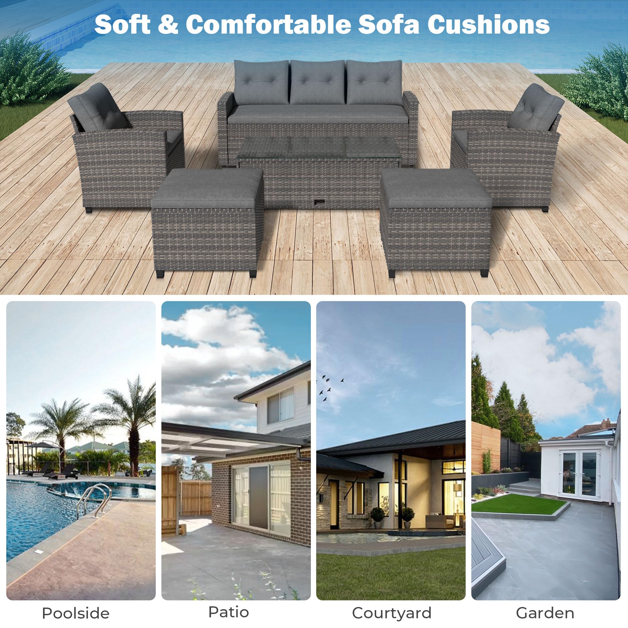 Clihome 6pcs Patio Sofa Set Outdoor PE Rattan Sectional Set with Cushions Lounge Chaise and Coffee Table Wicker Patio Furniture for Patio Backyard Garden Poolside
