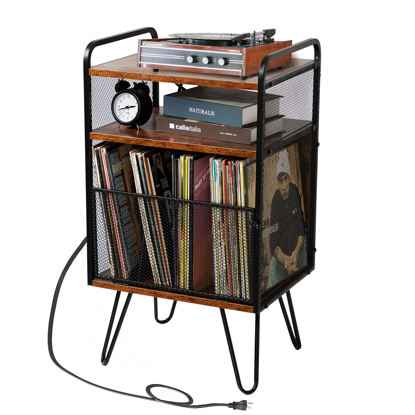 Hadulcet 3 Tier End Table, Record Player Stand with USB Ports and Outlets, Turntable Stand for Vinyl Storage with 3 Dividers, Industrial Side Table for Living Room Bedroom, Rustic Brown