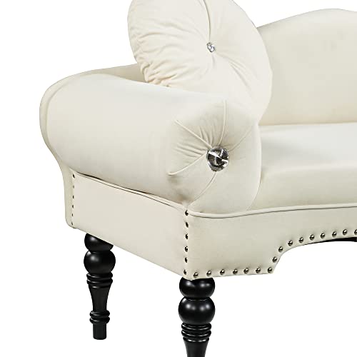 FIQHOME 54” Velvet Loveseat Sofa,Upholstered 2 Seater Couch Settee with 2 Round Pillows, Modern Love Seat with Nailhead Trim Roll Arm,Accent Bedside Entryway Window Bench for Living Room(White)