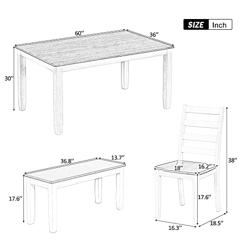 FIQHOME 6-Piece Room, Kitchen Set with Wood Dining Table,Bench and 4 Ergonomic Designed Chairs,Walnut + Cottage White