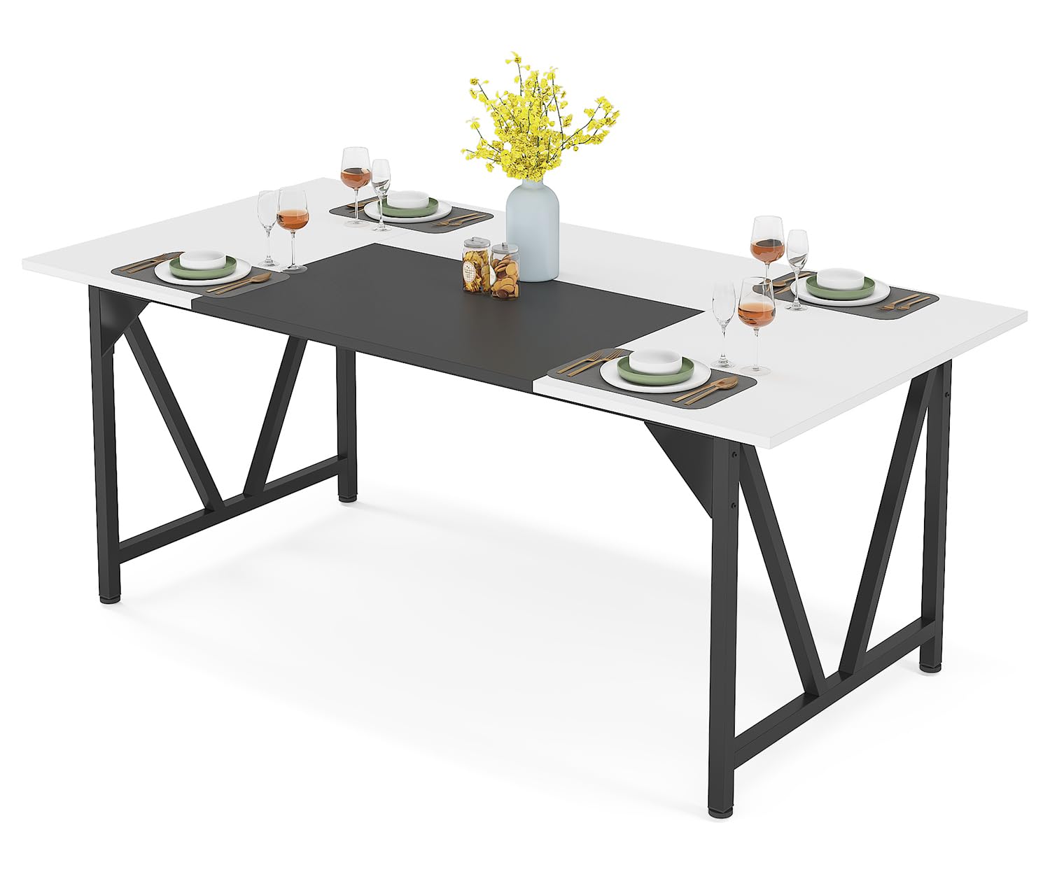 Tribesigns 71'' Large Dining Table for 6-8 Peoples, Modern Wood Kitchen Tables with Splicing Board, Rectangle Dinner Dining Room Table with Heavy-Duty M-Shapped Metal Frame