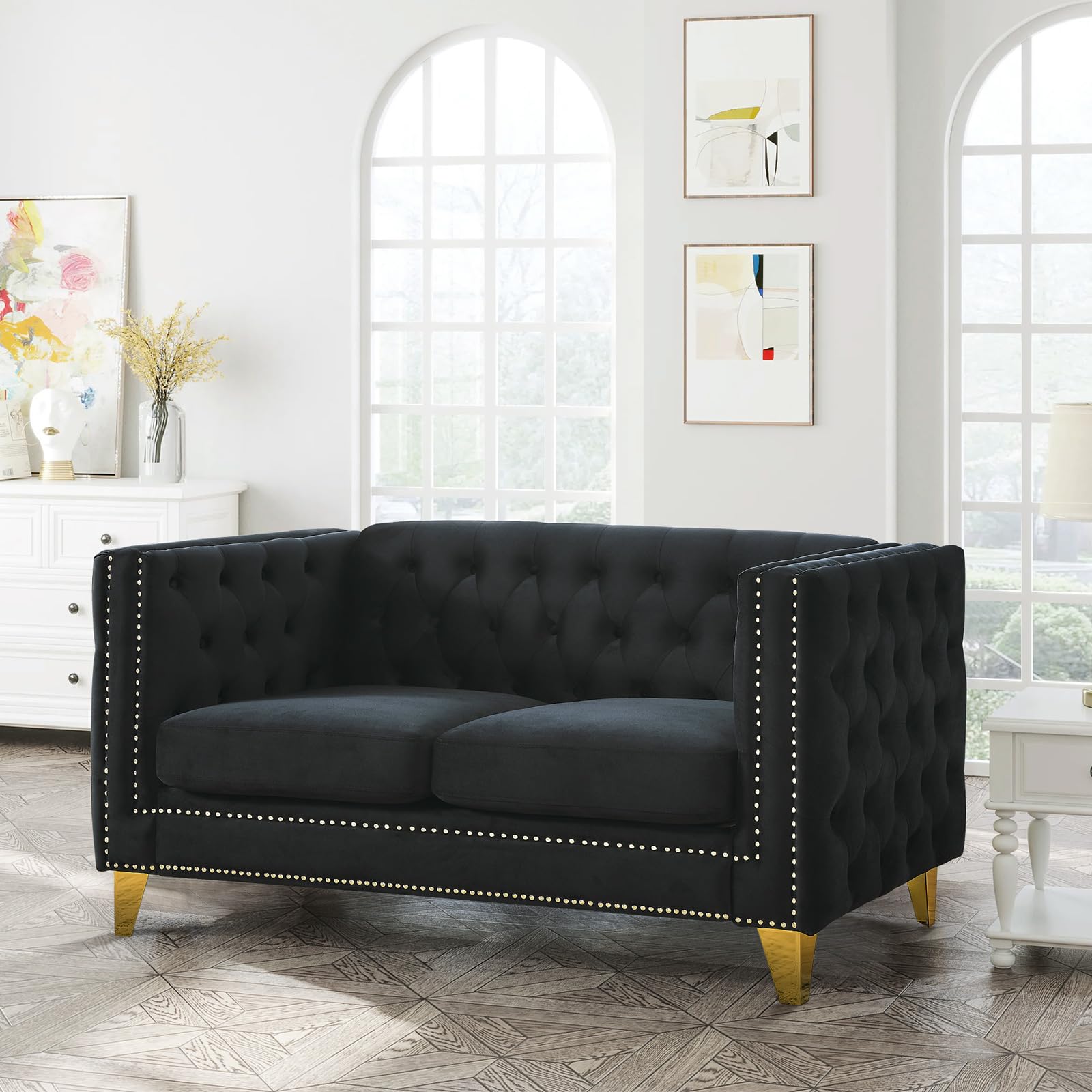 58-Inch Velvet Loveseat Sofa, Comfy Couch for Living Room, Modern Sofa with Tufted Back and Rivet Decoration, Upholstered Small Love Seat with Solid Golden Metal Tapered Legs, Black