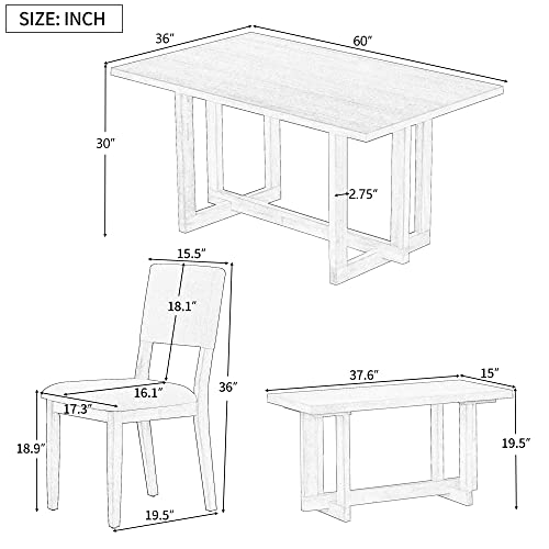 KoiHome Retro Support Design, 4 Chairs with Soft Cushions and a Wood Bench, Kitchen Home Room/Restaurant Furniture (Gray), 6-Piece Dining Table Set with H-Shaped Legs