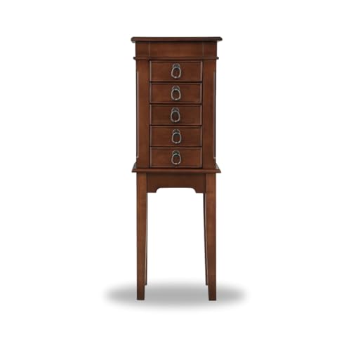 Hives and Honey Meg Jewelry Armoire - Modern Wood Storage Organizer with Necklace Hooks, 5 Drawers, and Vanity Mirror, Walnut