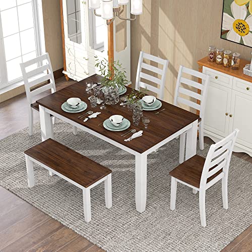 FIQHOME 6-Piece Room, Kitchen Set with Wood Dining Table,Bench and 4 Ergonomic Designed Chairs,Walnut + Cottage White