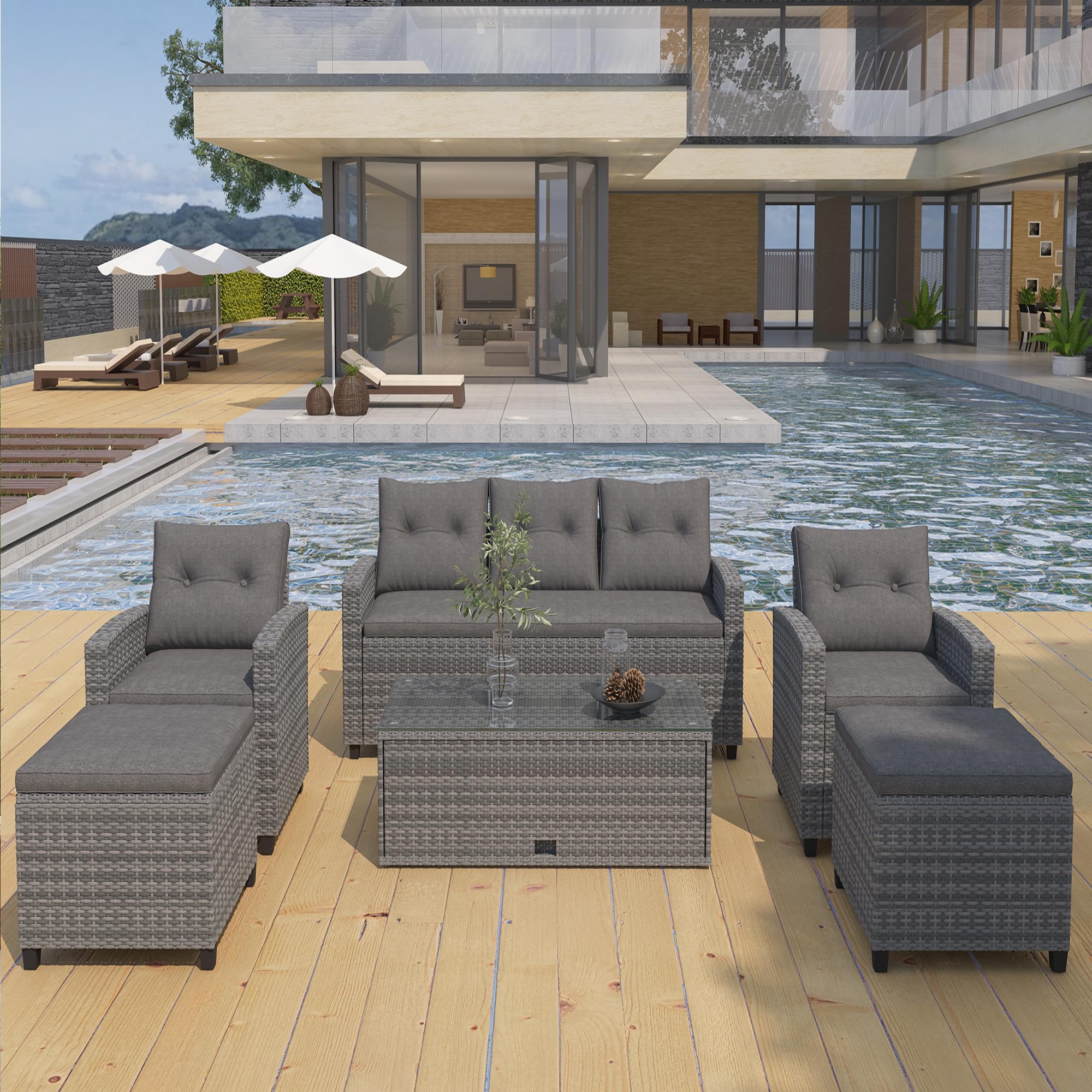 Clihome 6pcs Patio Sofa Set Outdoor PE Rattan Sectional Set with Cushions Lounge Chaise and Coffee Table Wicker Patio Furniture for Patio Backyard Garden Poolside
