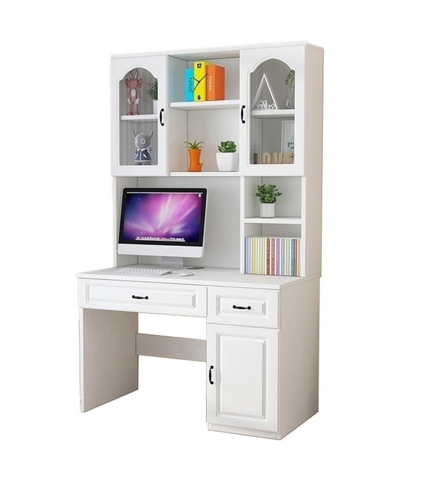 KIRANDY Girls' Bedroom Study Desk and Bookshelf Combo, Computer Desk with Drawers (Color : White 90x50x182.5cm Solid Wood)
