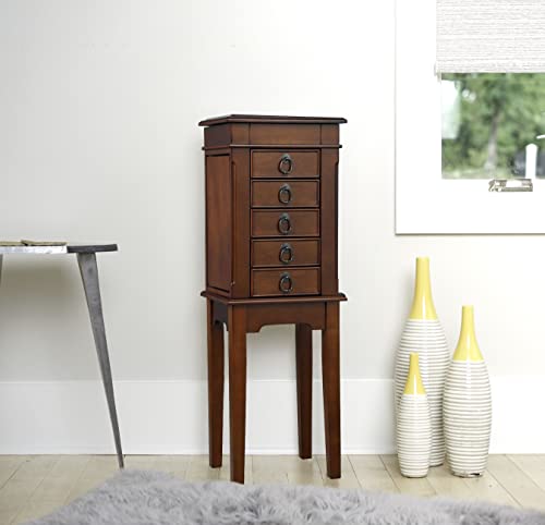 Hives and Honey Meg Jewelry Armoire - Modern Wood Storage Organizer with Necklace Hooks, 5 Drawers, and Vanity Mirror, Walnut