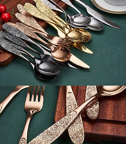 Taiyoko Silverware Set Flatware 32-Piece Retro Cutlery,Mirror Polished,Stainless Steel,Kitchen Utensils Tableware Service with Steak Knives Dinner Fork Knife Spoon