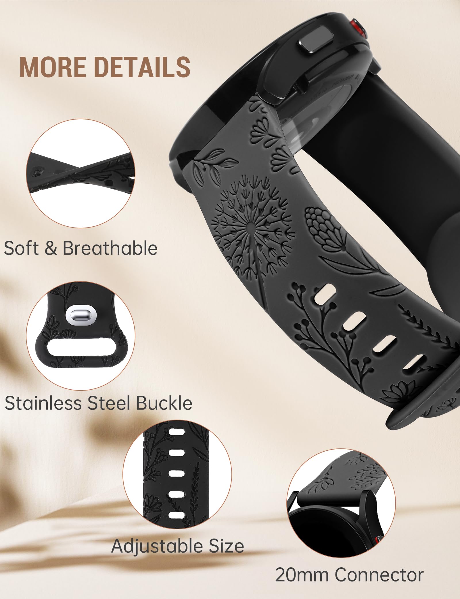 W-RARA 3 Pack Floral Engraved Band Compatible with Samsung Galaxy Watch 6/5/4/Active 2 40mm 44mm/Watch 5 Pro 45mm/Watch 6 Classic/Watch 3 41mm Women, 20mm Cute Soft Silicone Flower Pattern Sport Strap