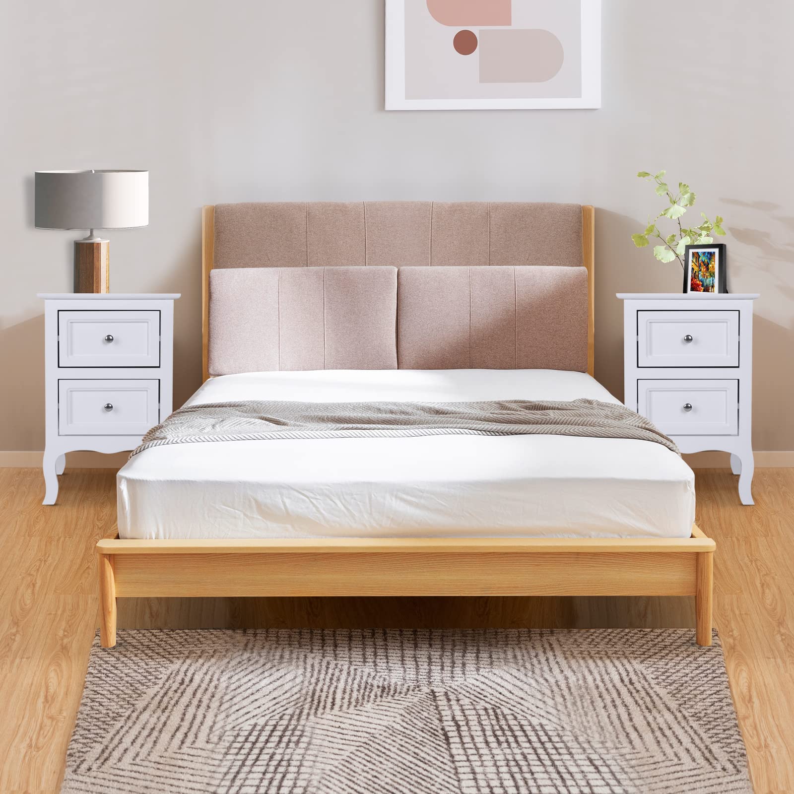 2Pcs Country Style End Side Table,2-Tier Wooden Night Tables with 2 Drawers Storage Cabinet Large Size Tables Night Stand Set 2 Living Room with Drawer Bedside Tabes for Bedroom