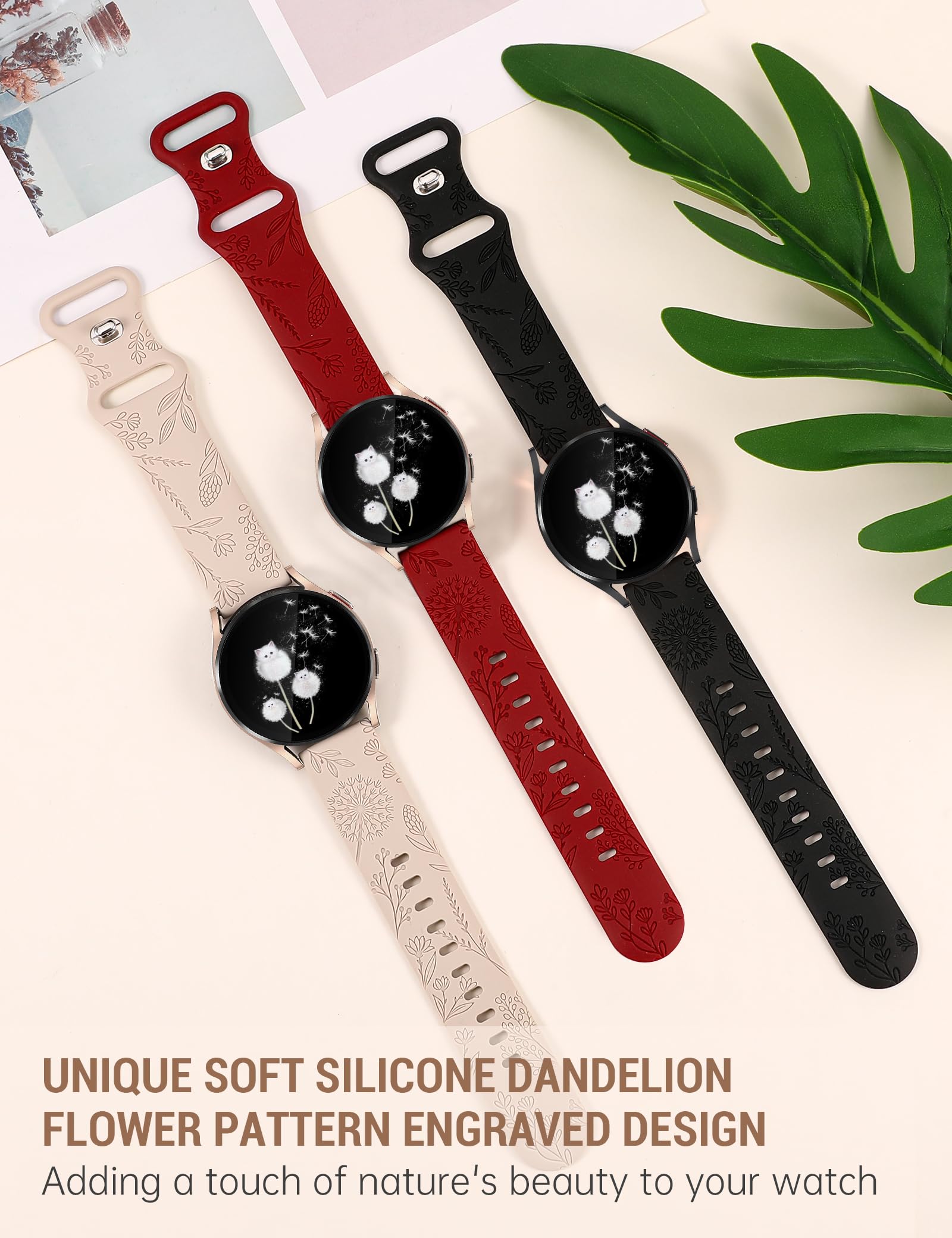 W-RARA 3 Pack Floral Engraved Band Compatible with Samsung Galaxy Watch 6/5/4/Active 2 40mm 44mm/Watch 5 Pro 45mm/Watch 6 Classic/Watch 3 41mm Women, 20mm Cute Soft Silicone Flower Pattern Sport Strap