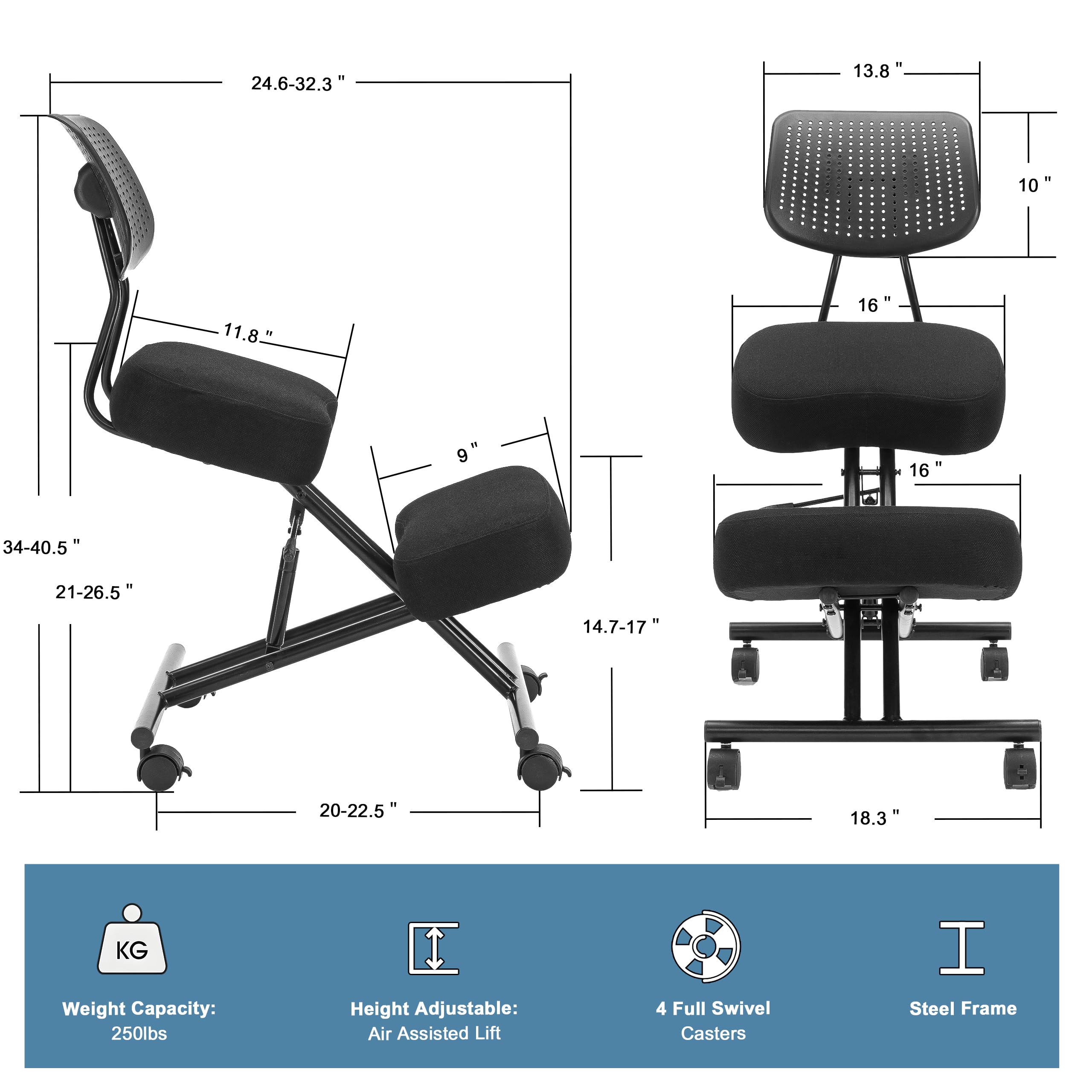 SOMEET Kneeling Chair Ergonomic with Back Support, Ergonomic Kneeling Chair with Brake and Smooth Gliding Casters, Adjustable Stool for Home and Office, Posture Chair to Relieve Back Pain, Black Linen