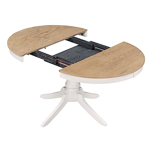 POCIYIHOME 5-Piece Retro Functional 42"-58" Wood Round Extendable 4 Upholstered Chairs, Set of 5, Family Dining Table Set for Restaurant, Kitchen (Off White)