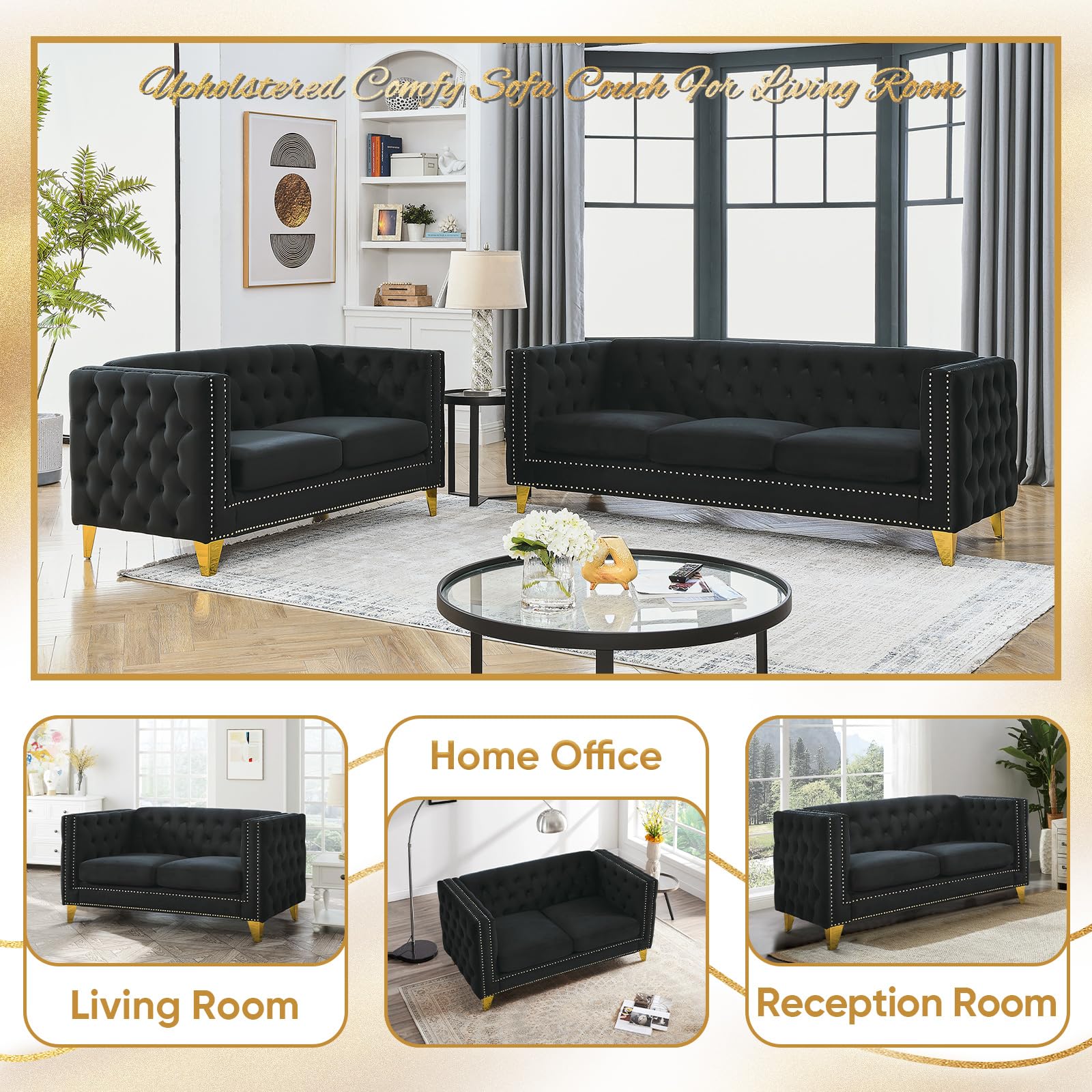 58-Inch Velvet Loveseat Sofa, Comfy Couch for Living Room, Modern Sofa with Tufted Back and Rivet Decoration, Upholstered Small Love Seat with Solid Golden Metal Tapered Legs, Black