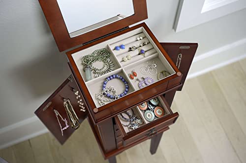 Hives and Honey Meg Jewelry Armoire - Modern Wood Storage Organizer with Necklace Hooks, 5 Drawers, and Vanity Mirror, Walnut