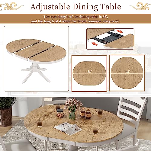 POCIYIHOME 5-Piece Retro Functional 42"-58" Wood Round Extendable 4 Upholstered Chairs, Set of 5, Family Dining Table Set for Restaurant, Kitchen (Off White)