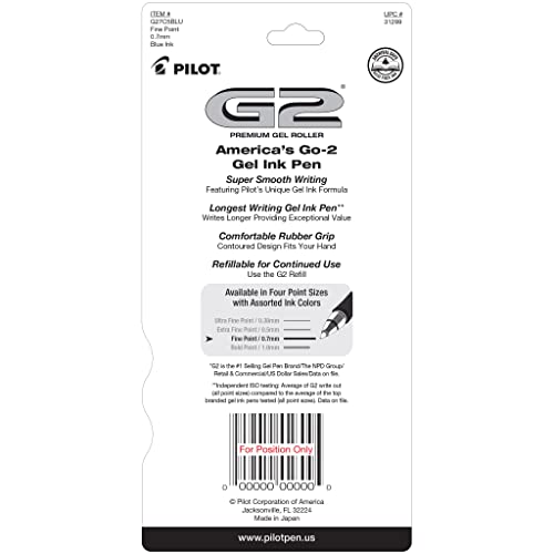 PILOT G2 Premium Refillable and Retractable Rolling Ball Gel Pens, Fine Point, Blue Ink, 5-Pack (31299)