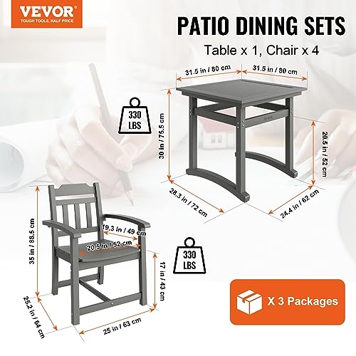 VEVOR 5 Pieces Patio Dining Set, Outdoor Square Furniture Table and Chairs, All Weather Garden Furniture Table Sets, HIPS Small Patio Conversation Set, for Lawn, Deck, Backyard, Poolside, Light Gray