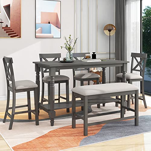 WOZNLA 6-Piece Counter Height Dining Set - Rectangular Wood Table with Shelf, 4 Upholstered Chairs, 1 Bench - Ideal for Kitchen and Family Dining