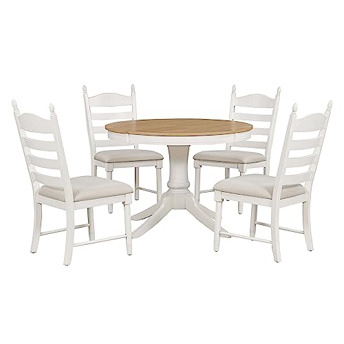 POCIYIHOME 5-Piece Retro Functional 42"-58" Wood Round Extendable 4 Upholstered Chairs, Set of 5, Family Dining Table Set for Restaurant, Kitchen (Off White)