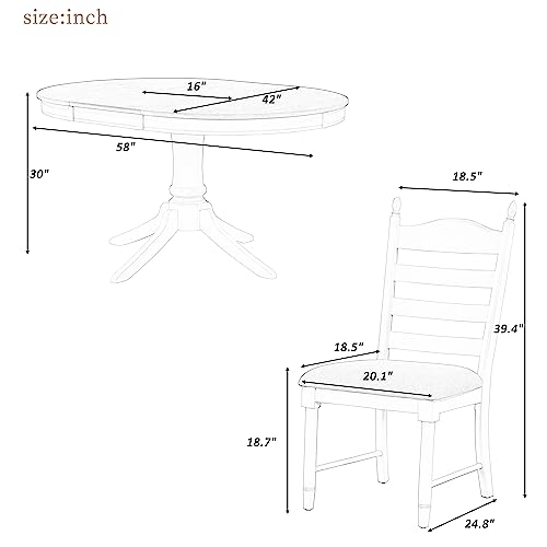 KoiHome 5-Piece Retro Functional 42"-58" Wood Round Extendable 4 Upholstered Chairs, Set of 5, Family Dining Table Set for Restaurant, Kitchen (Antique White)